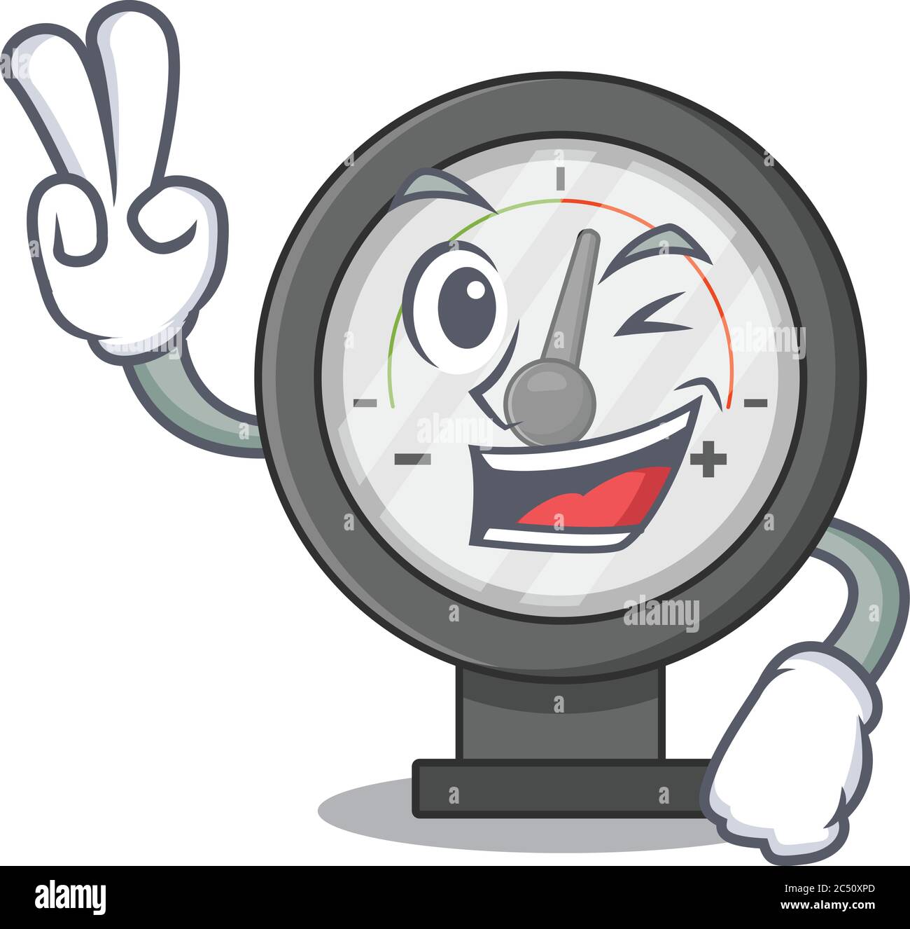 Ein fröhlicher Manometer Cartoon Maskottchen Stil zeigen zwei Finger ...