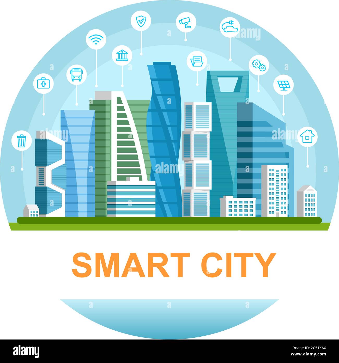 Vektorgrafik Für Smart City Mit Stadtbauten Und Verschiedenen ...