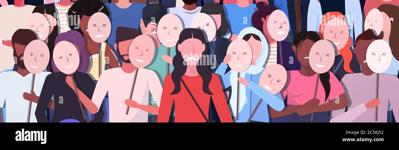 Menschen Menge hält positive Masken Männer Frauen Gruppe deckt Gesicht ...