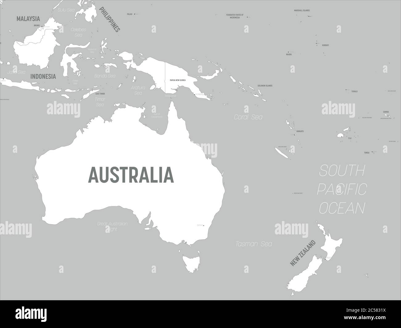Australien und Ozeanien Karte - Weisse Länder und graues Wasser. Hoch detaillierte politische ...
