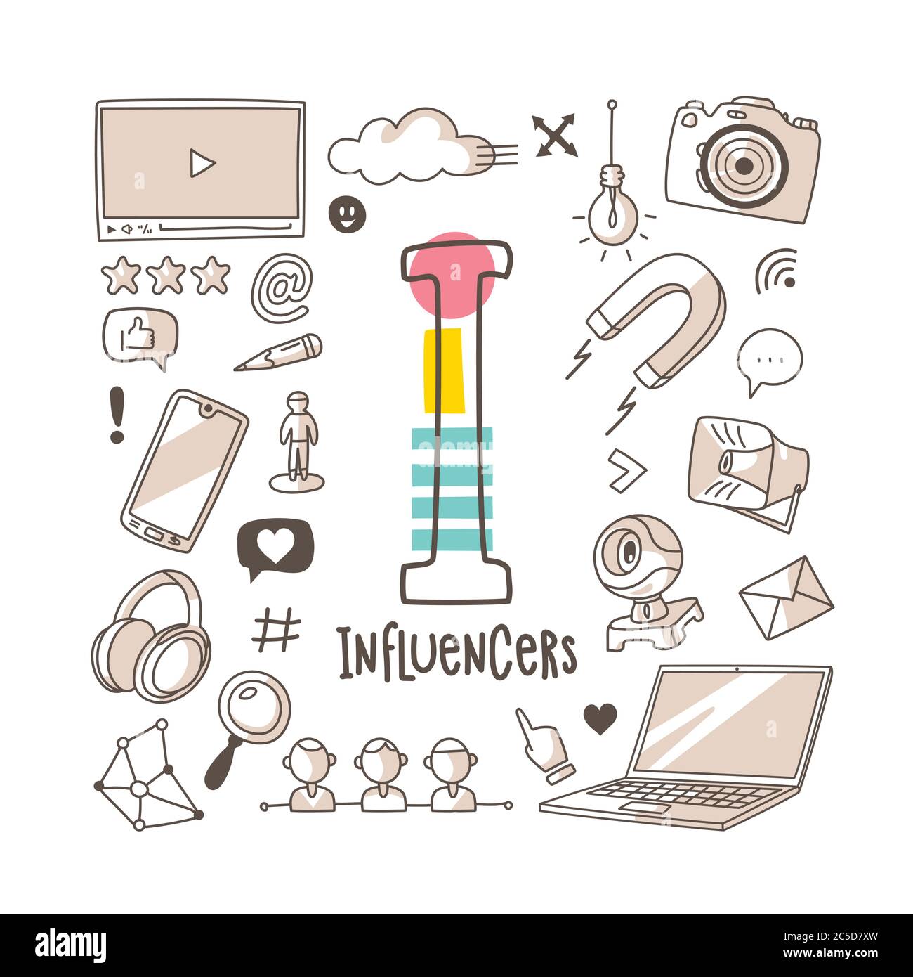 Buchstabe I - Influencer, nette Alphabet-Reihe im Doodle-Stil, Vektor ...