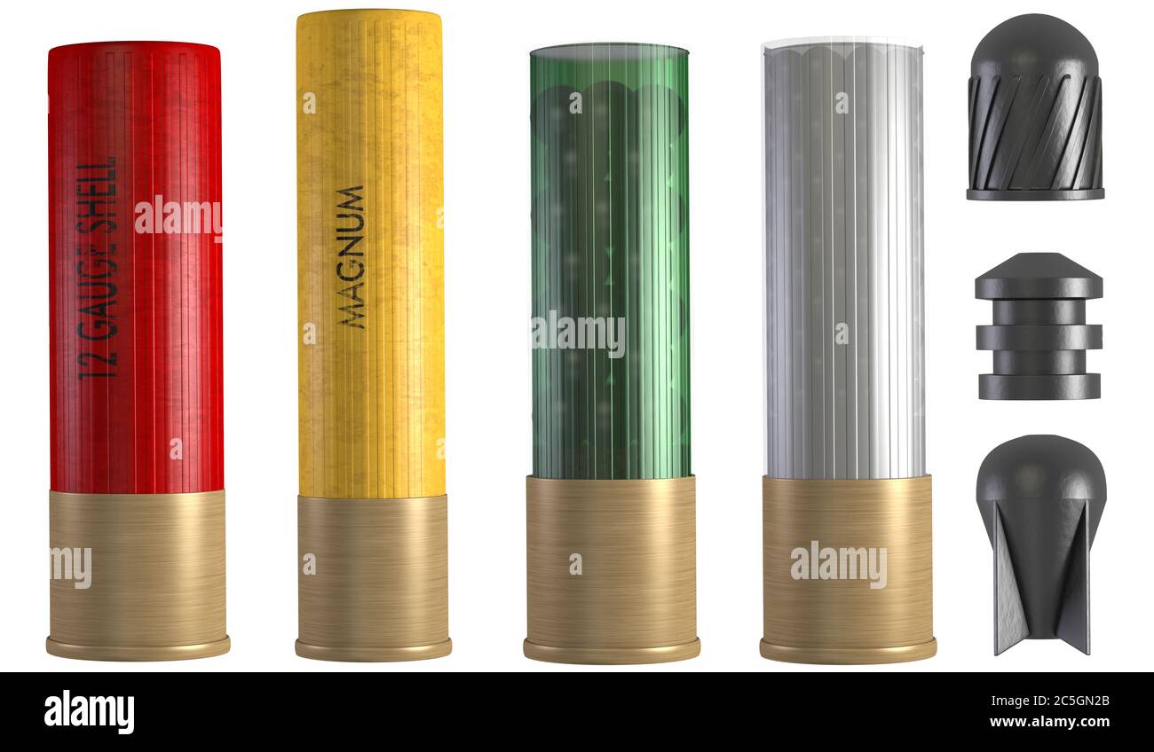 Set von verschiedenen Arten von Schrotflinten Munition einschließlich ...