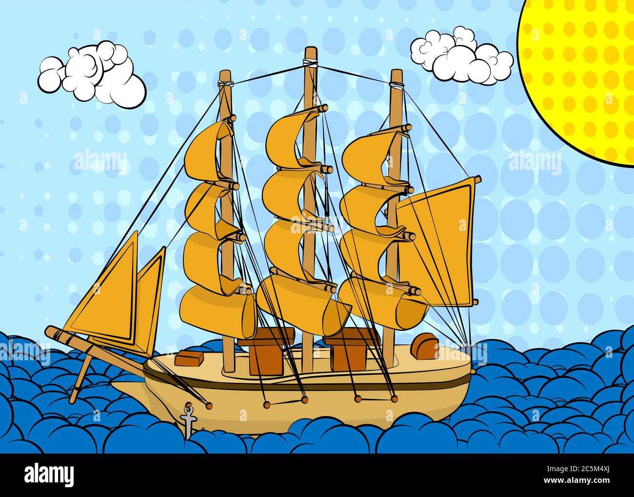 Segelboot oder Piratenschiff auf stürmischer See - Comic-Stil, Cartoon ...