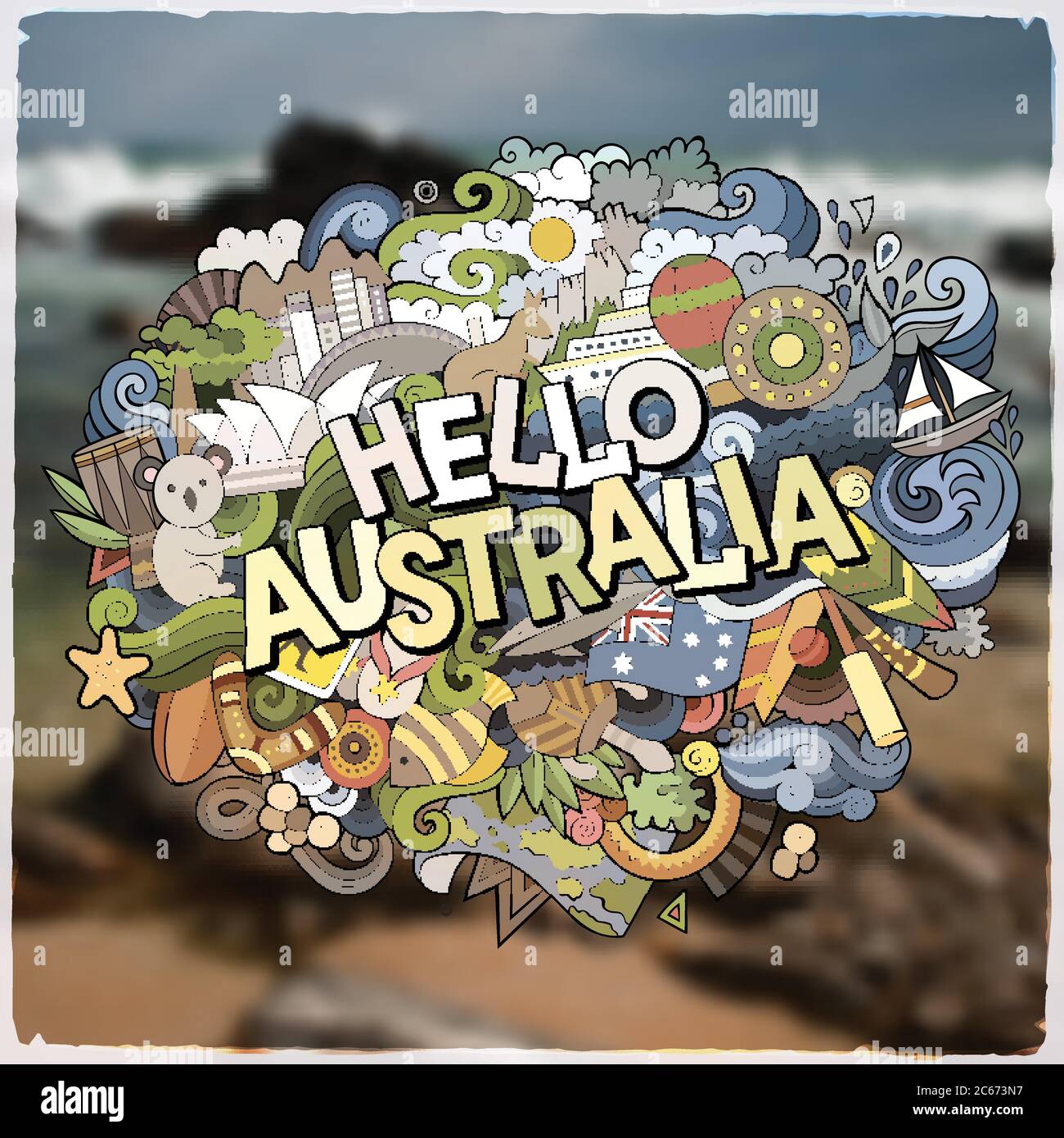 Hallo Australien Hand Schriftzug und Kritzeleien Elemente und Symbole ...