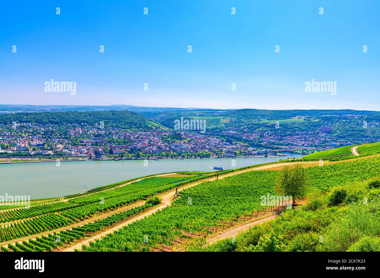 Luftpanorama der Rheinschlucht oder Obermittelrheintal Weinbauregion ...