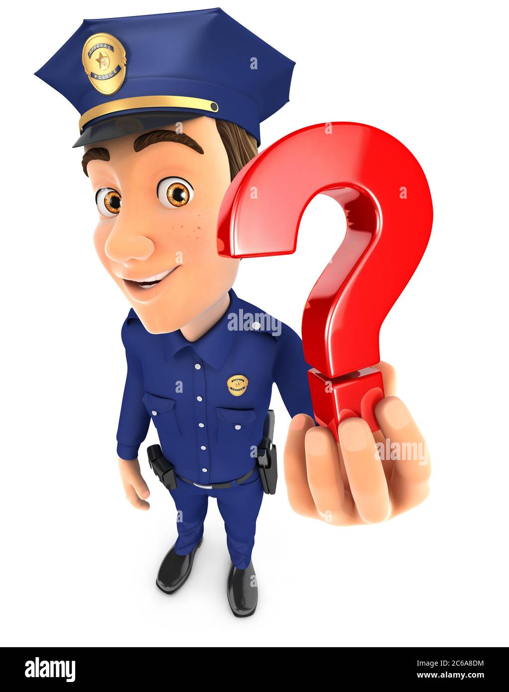 3d Polizist mit Fragezeichen-Symbol, Illustration mit isoliertem weißem ...
