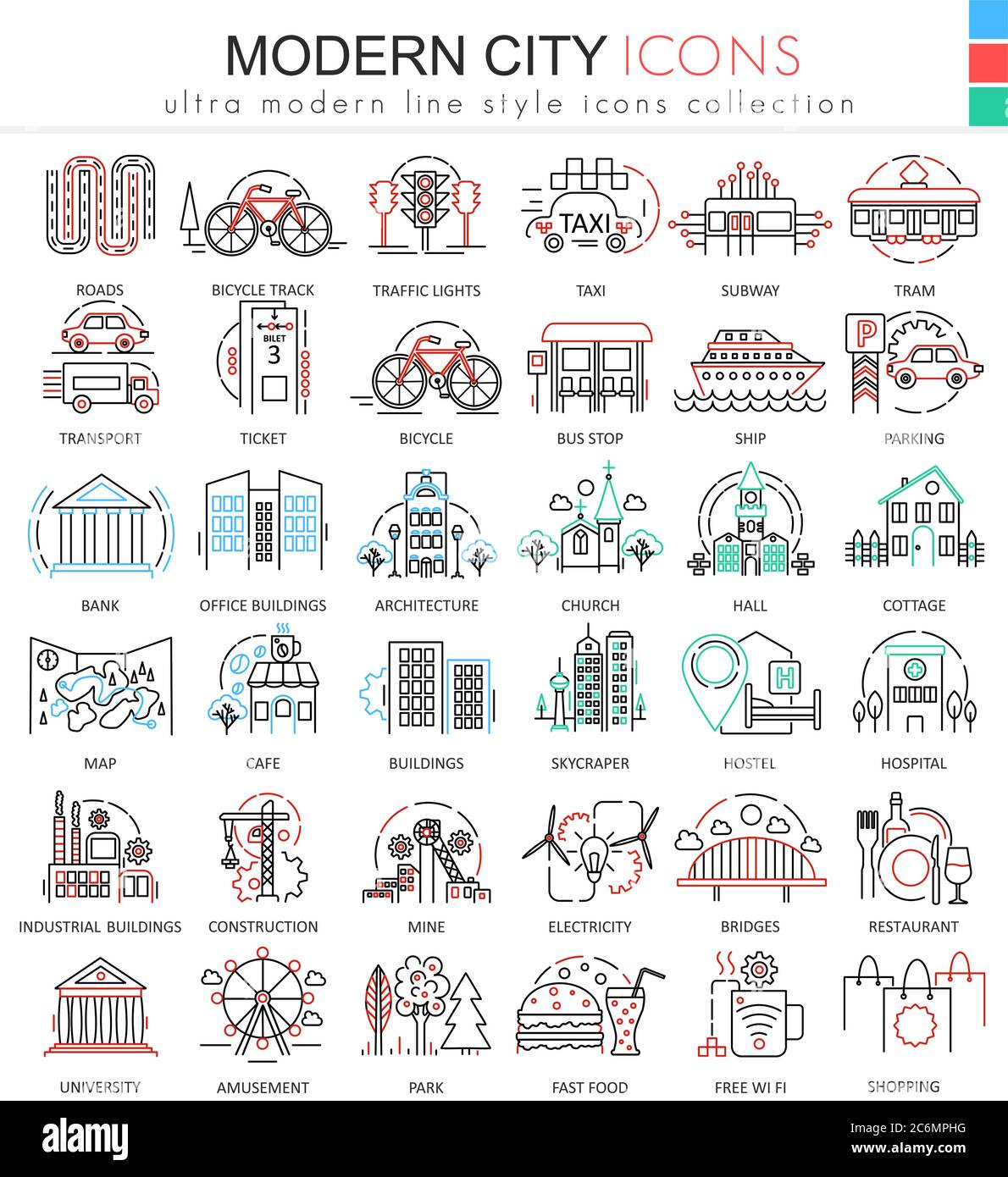 Vektor moderne Stadt Farbe Linie Umriss Symbole für Apps und Web-Design ...