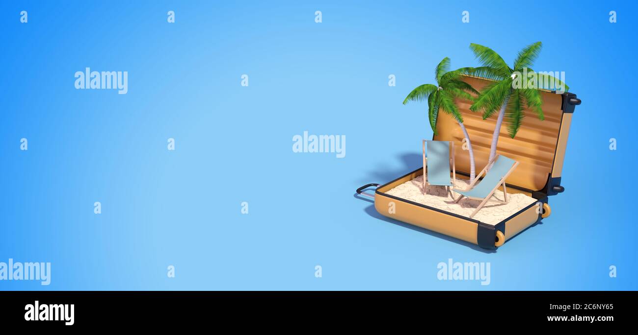 Offener Koffer mit Sand, Liegestühlen und Palmen 3D-Rendering ...