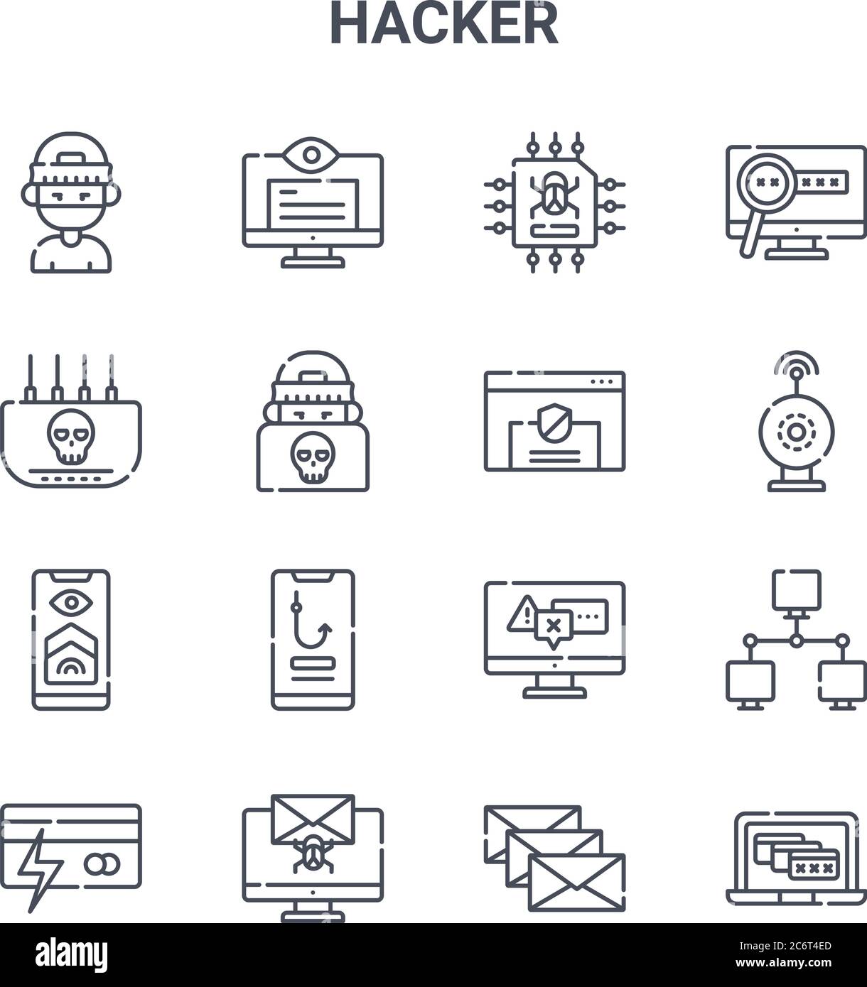 Satz von 16 Hacker Konzept Vektor-Linien-Symbole. 64x64 dünne ...