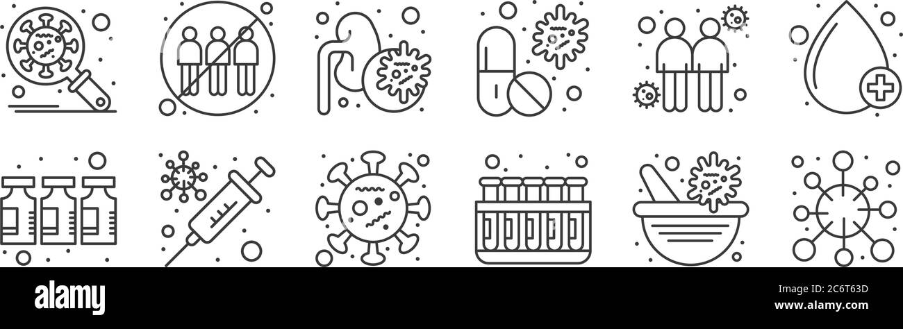 12 Satz von linearen Coronavirus-Symbole. Dünne Umrisssymbole wie Virus ...