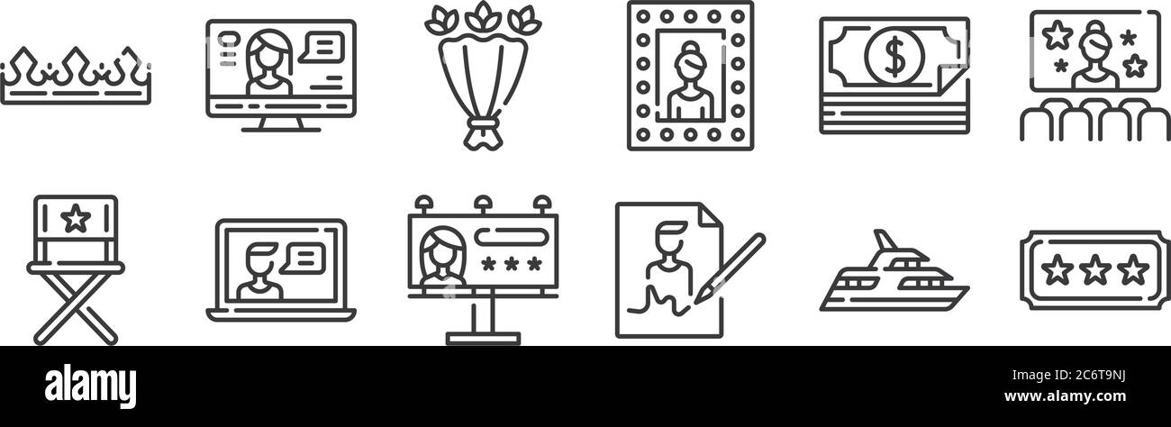 12 Satz von linearen Ruhm-Symbole. Dünne Umrisse Symbole wie Ticket ...