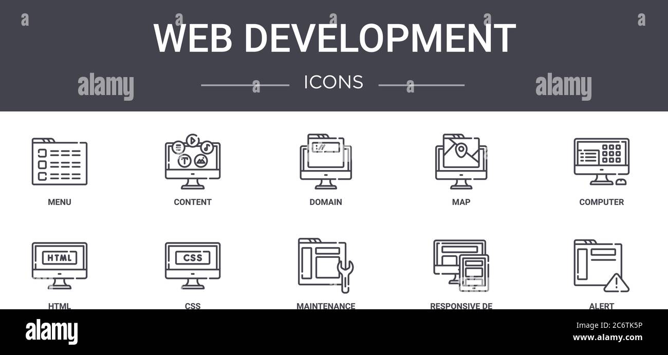 Web-Entwicklung Konzept Linie Symbole gesetzt. Enthält Symbole für Web, Logo, ui/ux wie Inhalt ...