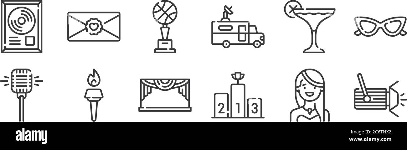 12 Satz von linearen Ruhm-Icons. Dünne Umrisse Symbole wie Scheinwerfer ...