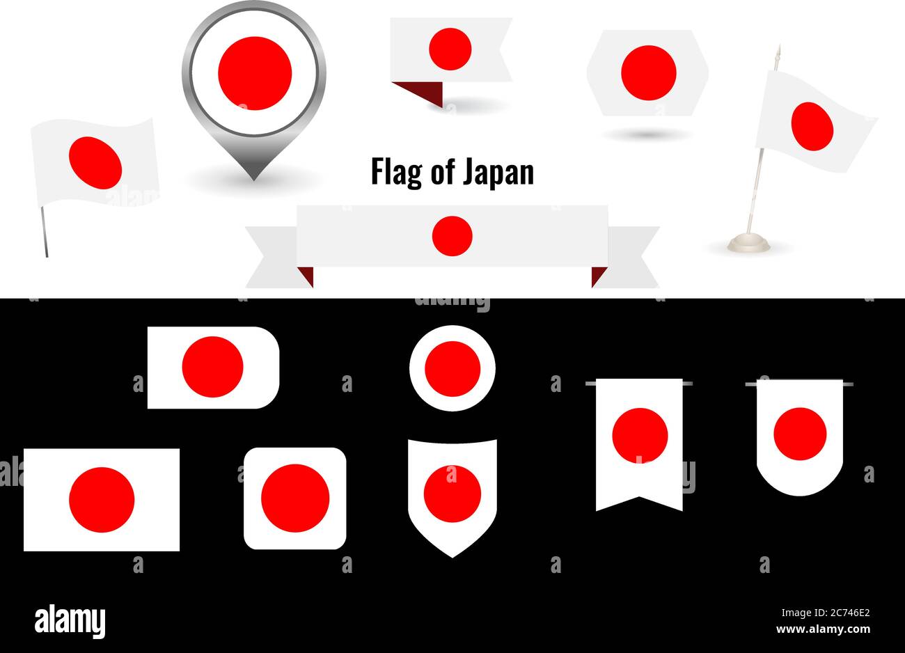 Die Flagge Japans. Große Reihe von Symbolen und Symbolen. Quadratische ...