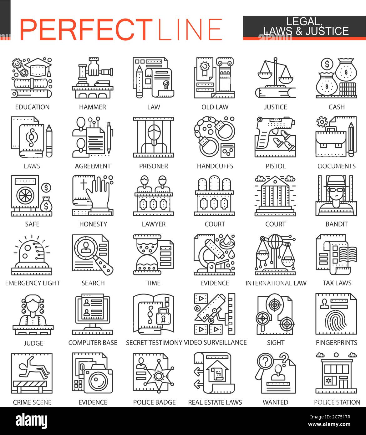 Recht, Recht und Gerechtigkeit skizzieren Mini-Konzept Symbole. Moderne ...