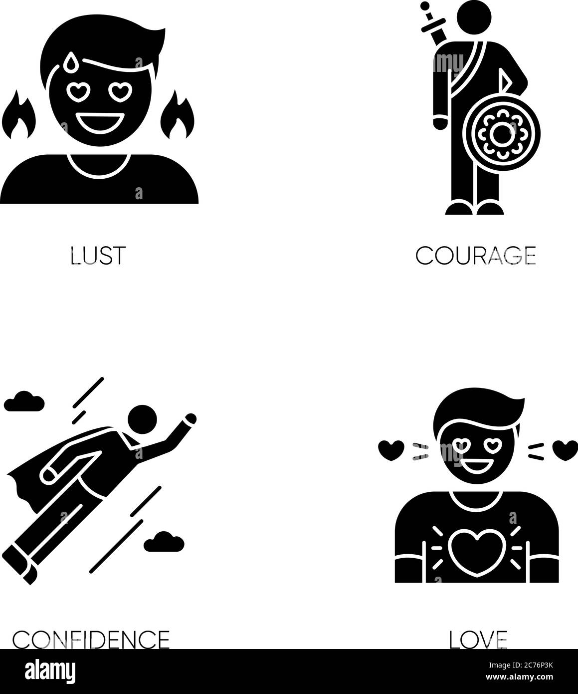 Gute Gefühle und Qualitäten schwarze Glyphen-Symbole auf weißem Raum ...