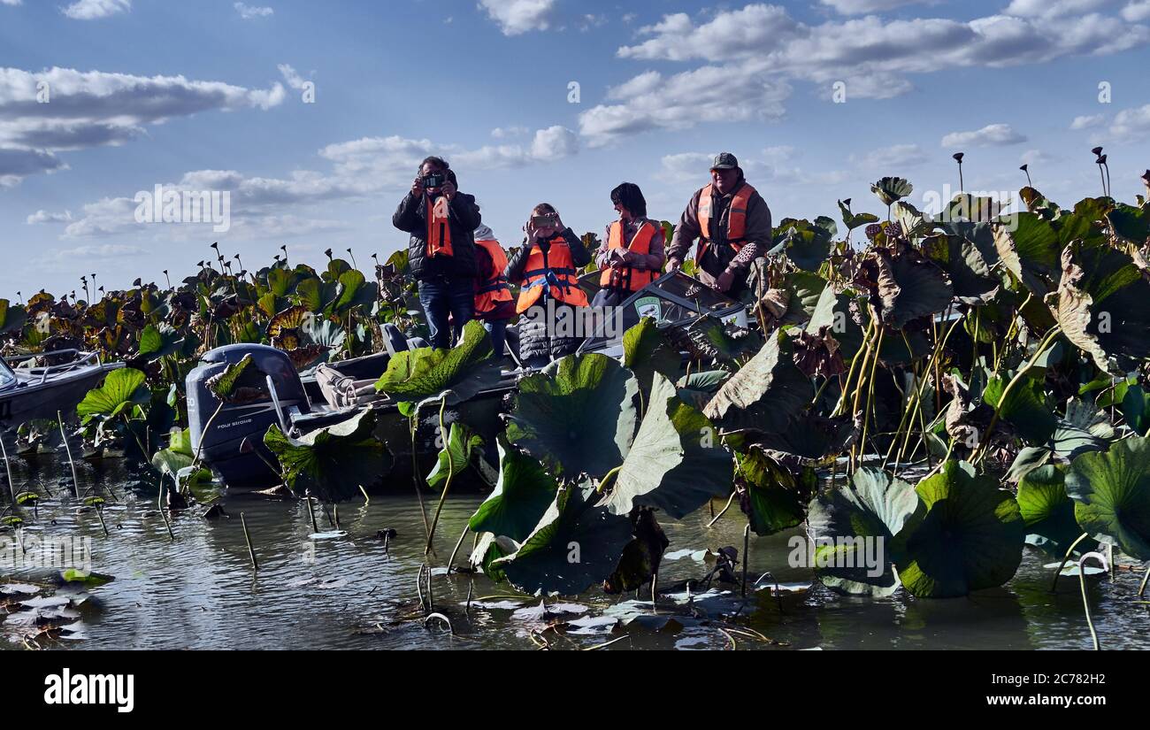 Russland, Astrachan Oblast, EIN Boot, das eine Touristenfamilie in das ...