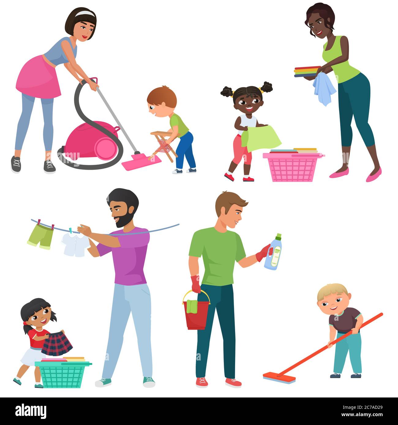 Erwachsene und Kinder putzen zusammen. Kinder helfen ihren Eltern bei der Hausarbeit. Familie in ...