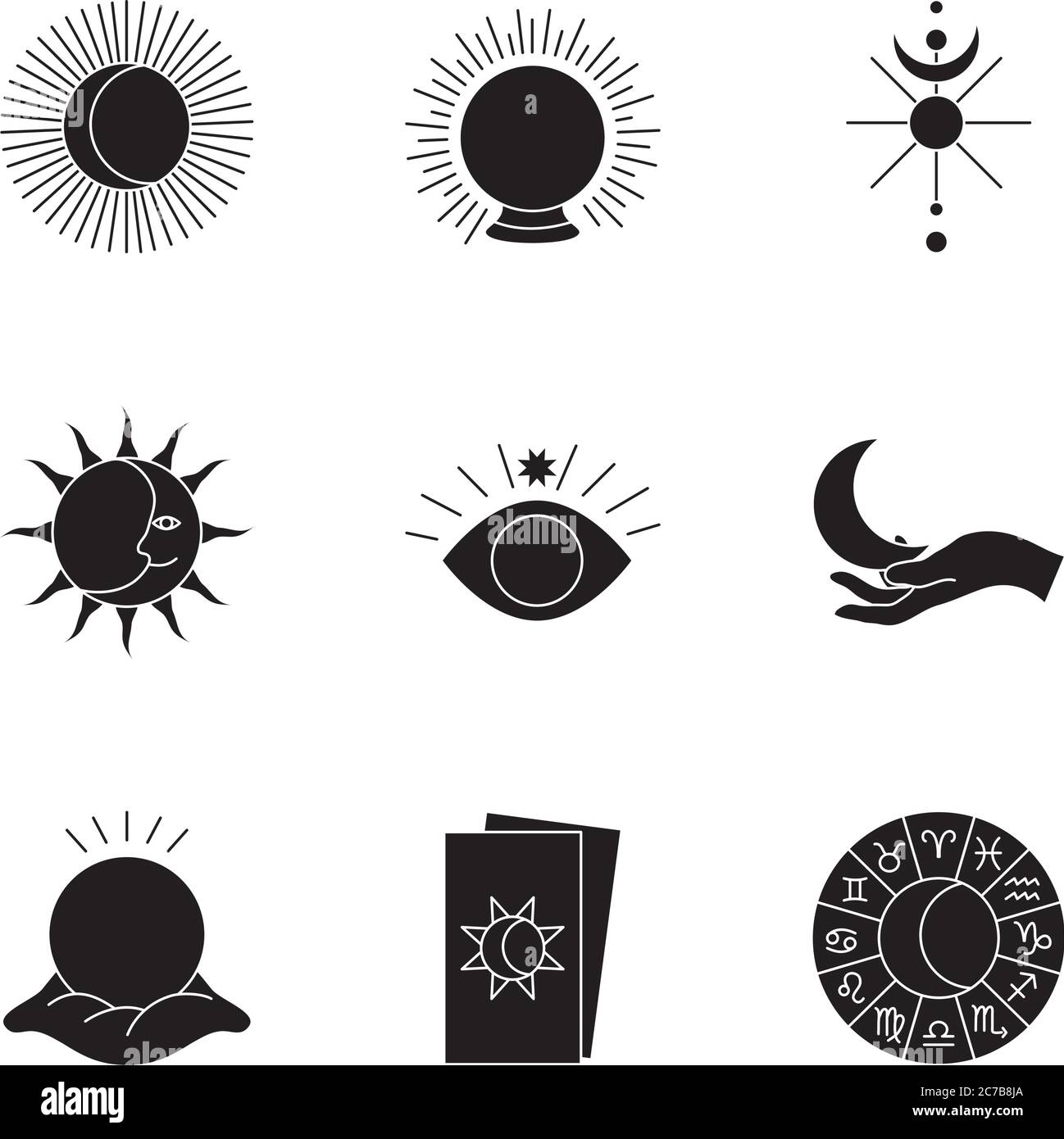 tarot-Karten und Astrologie-Symbol auf weißem Hintergrund, Silhouette ...