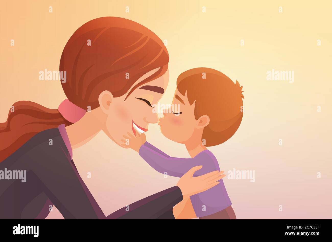 Niedlichen kleinen Jungen küsst seine glückliche Mutter Cartoon Vektor ...
