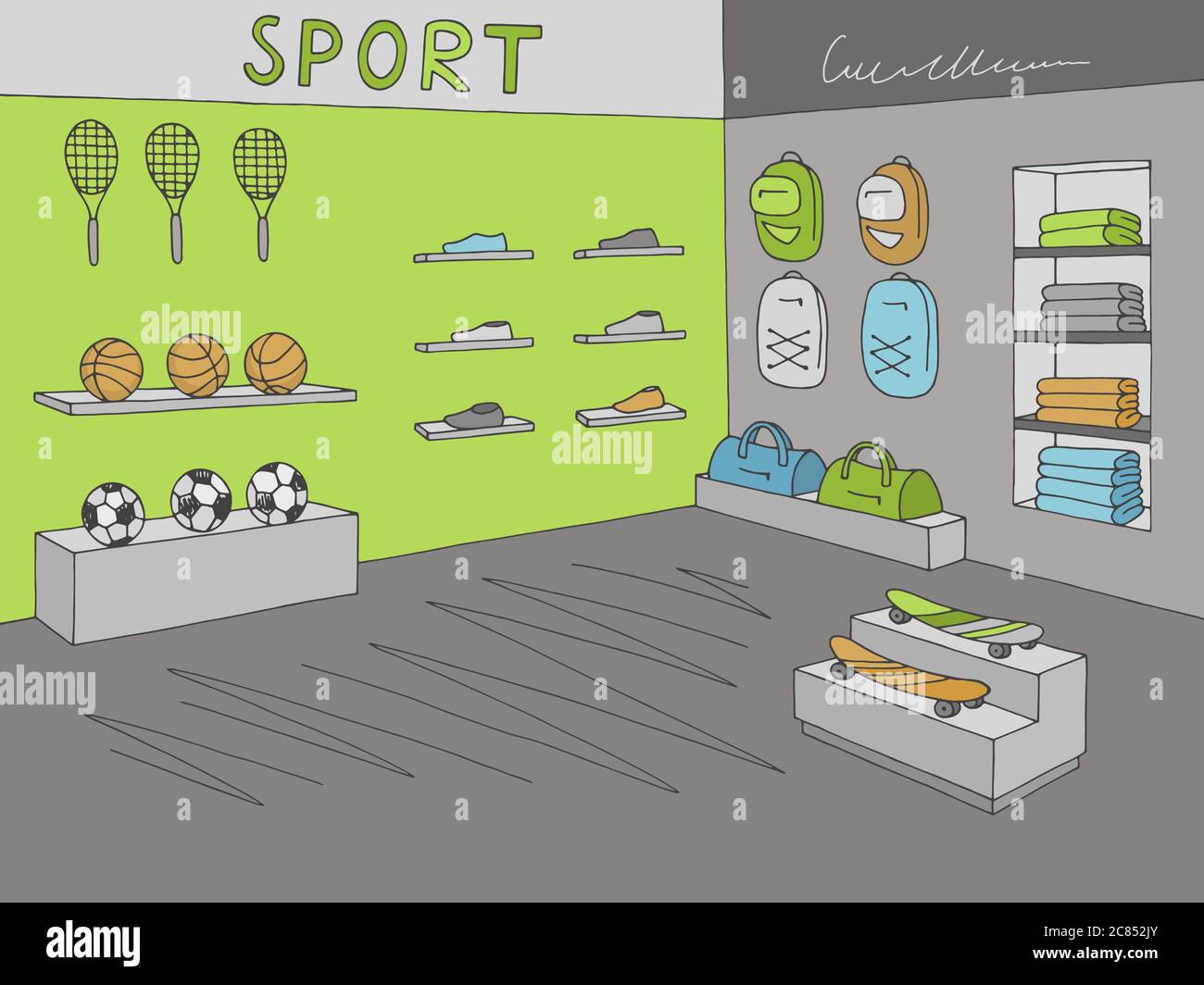 Sport Shop Store Grafik Interieur Farbe Skizze Illustration Vektor ...