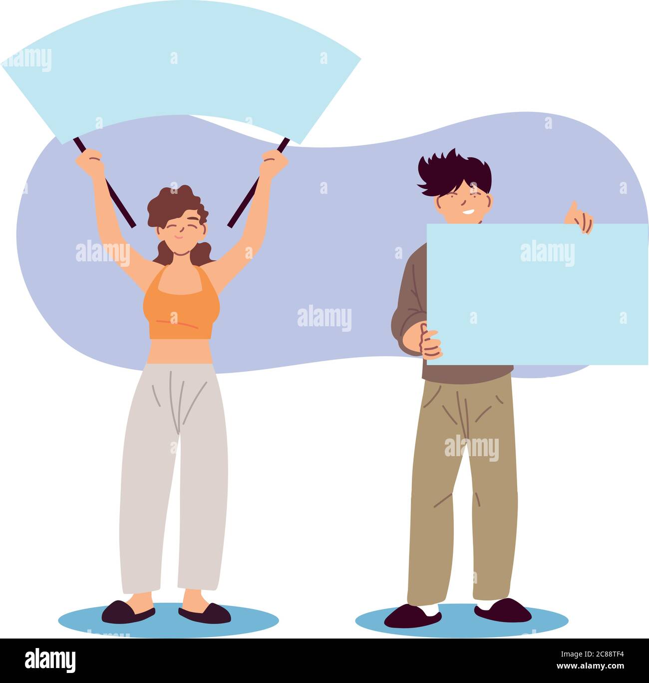 Frau und Mann Cartoons halten Banner Boards Design, Demonstration ...