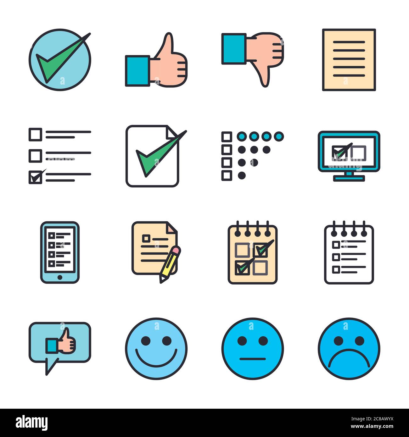 Questionary Linie und füllen Stil Icon Set Design, Umfrage und Prüfung ...