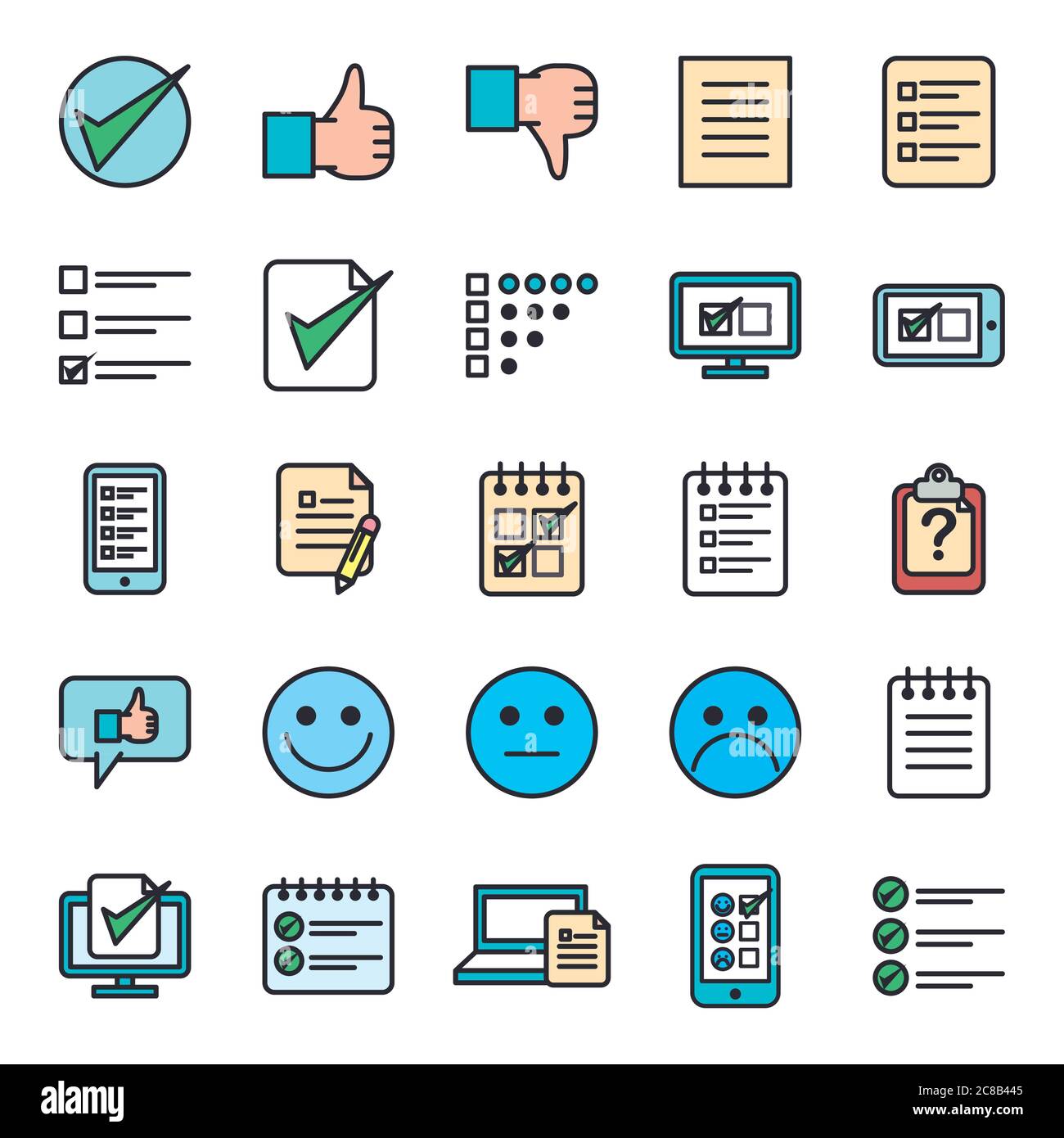 Questionary Linie und füllen Stil Icon Set Design, Umfrage und Prüfung ...