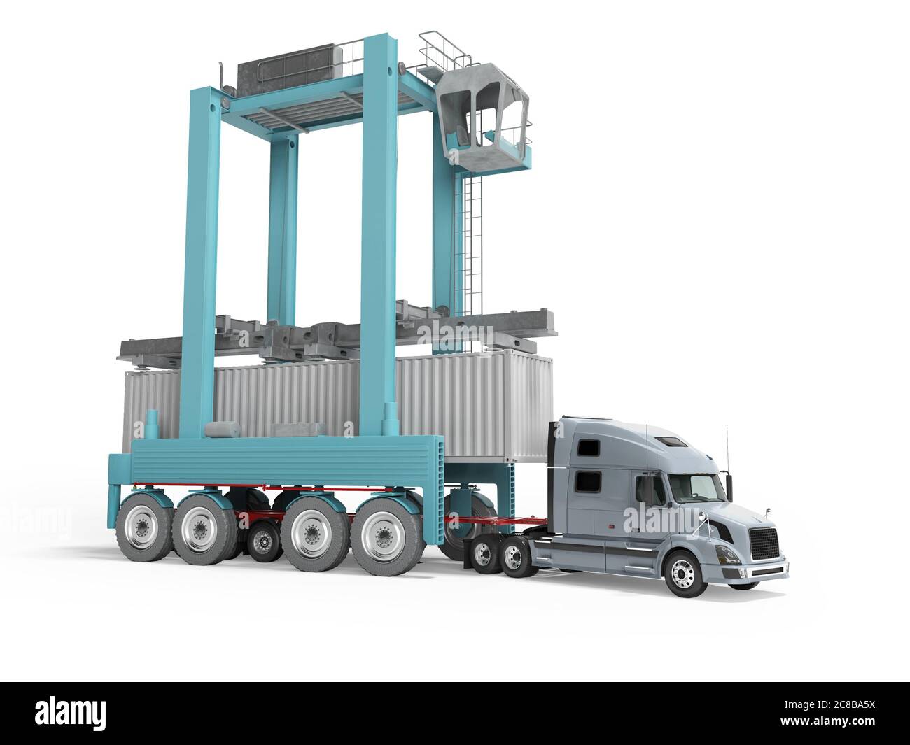 Konzept der Beladen Container mit blauen Kran auf Lkw 3D-Render auf ...