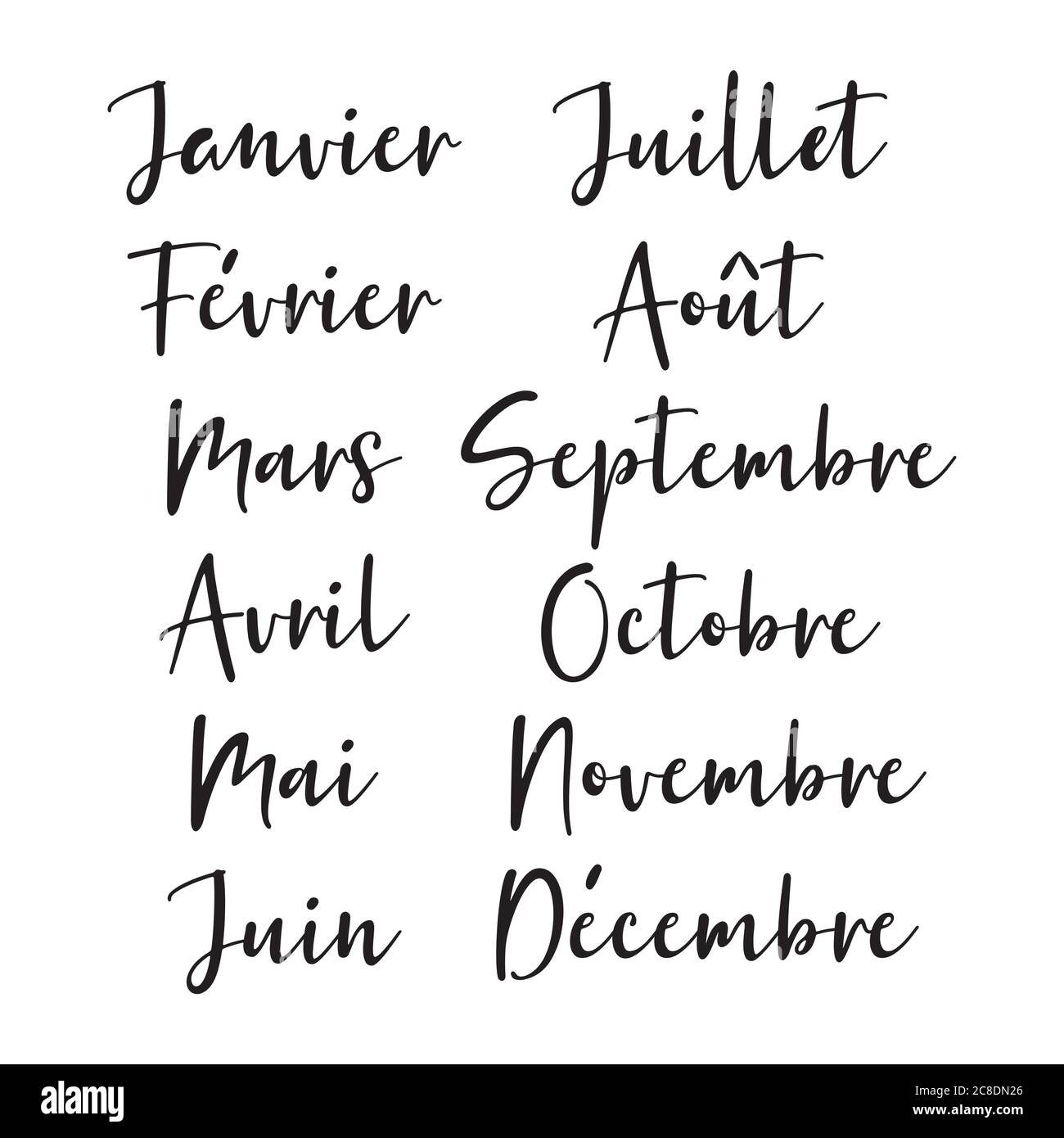 Monate des Jahres in französischer Sprache. Beschriftung für Kalender ...