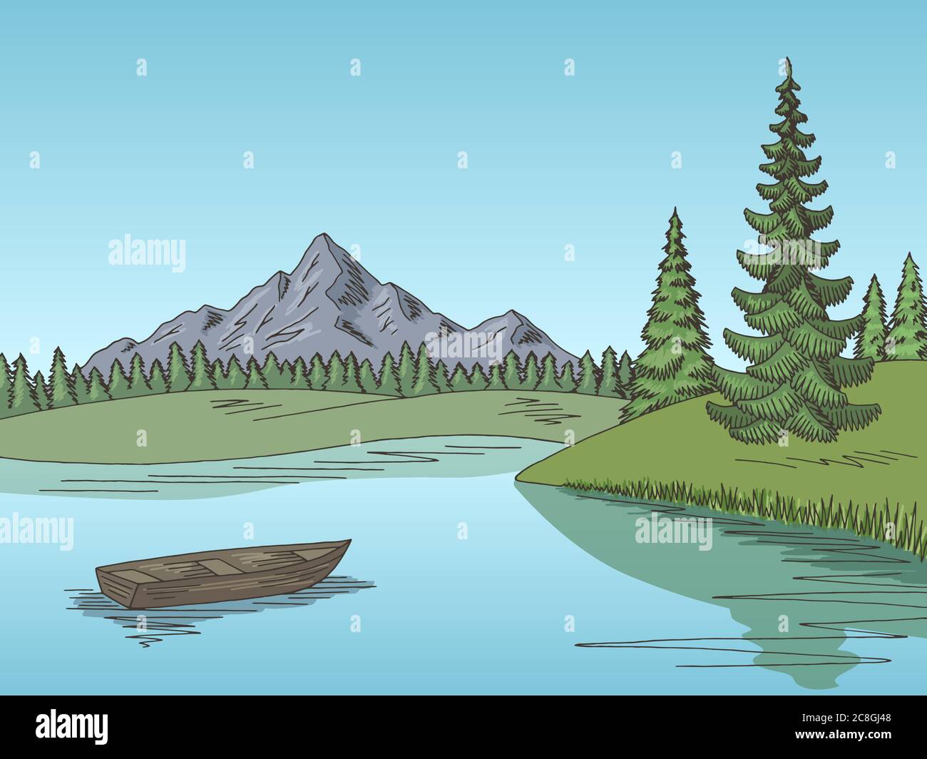 Berg See Grafik Farbe Landschaft Skizze Illustration Vektor Stock ...