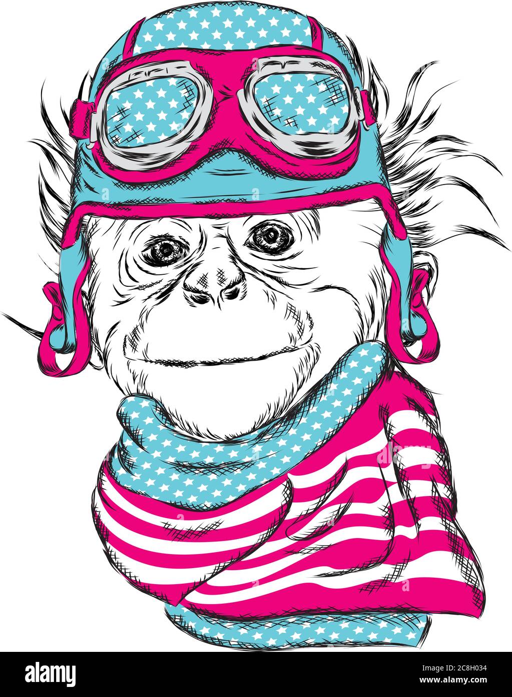 Ein Affe trägt einen Helm. Vektorgrafik für Grußkarte, Poster oder ...