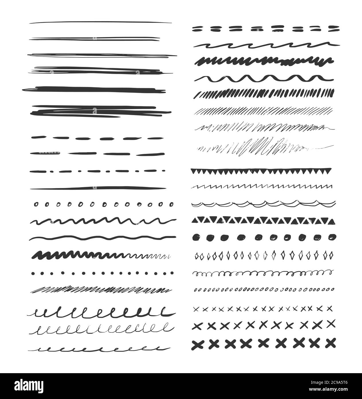 Satz von Hand gezeichnete Linie. Grunge Bleistift Linie von schwarzen ...