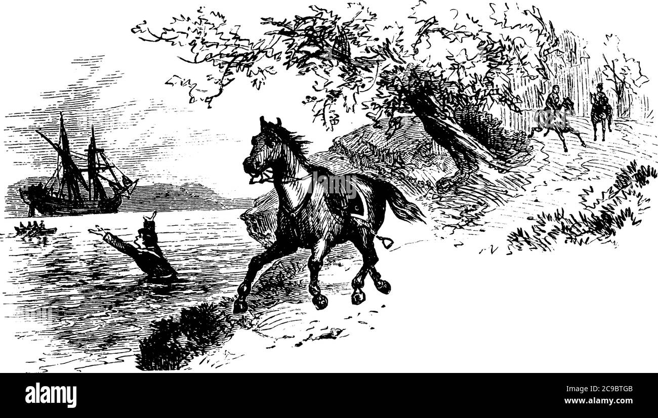 Ein Bild, das Sergeant Champe Flucht durch Pferd und Schwimmen zeigt ...