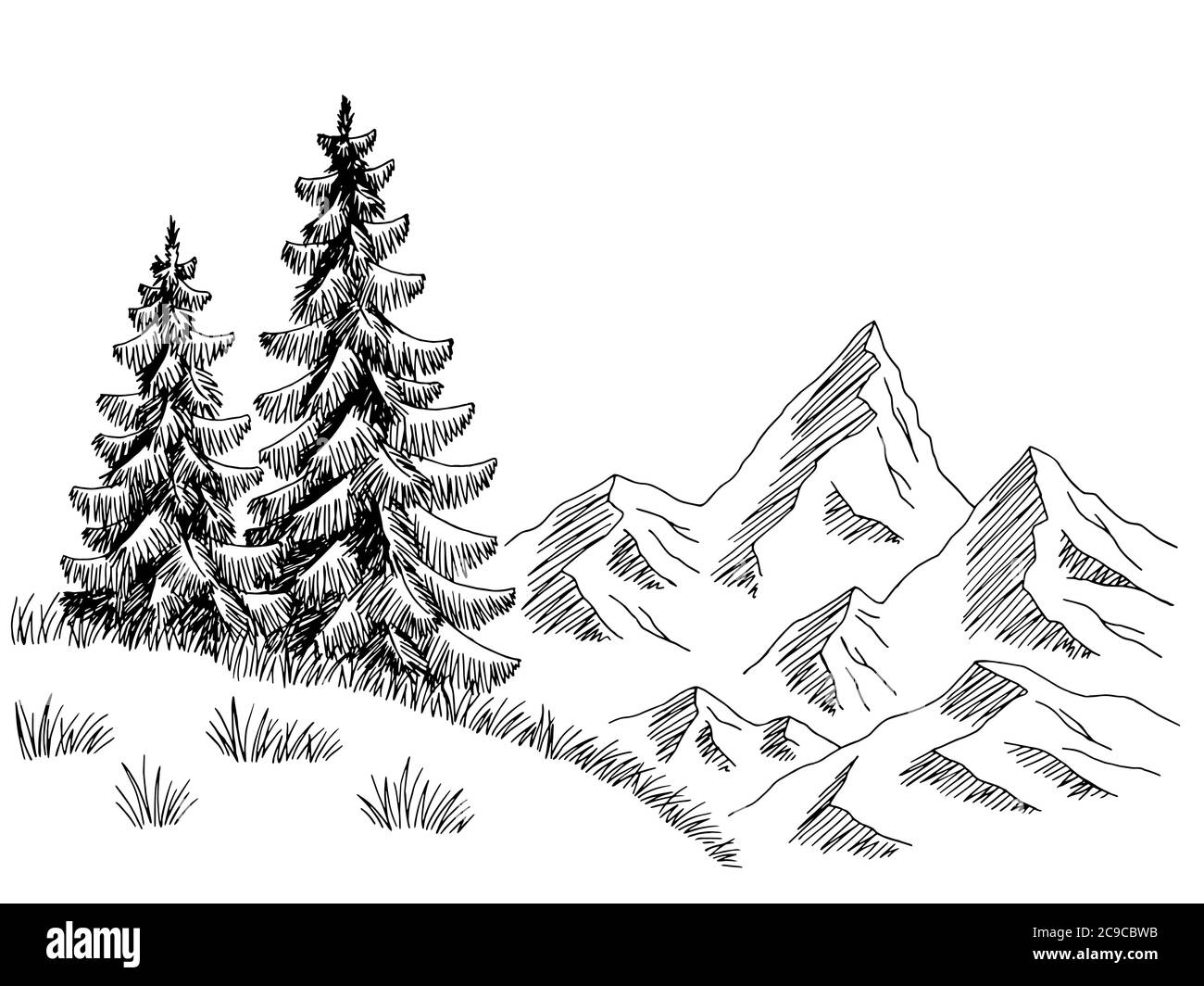 Berge Hügel Grafik schwarz weiß Landschaft Skizze Illustration Vektor ...