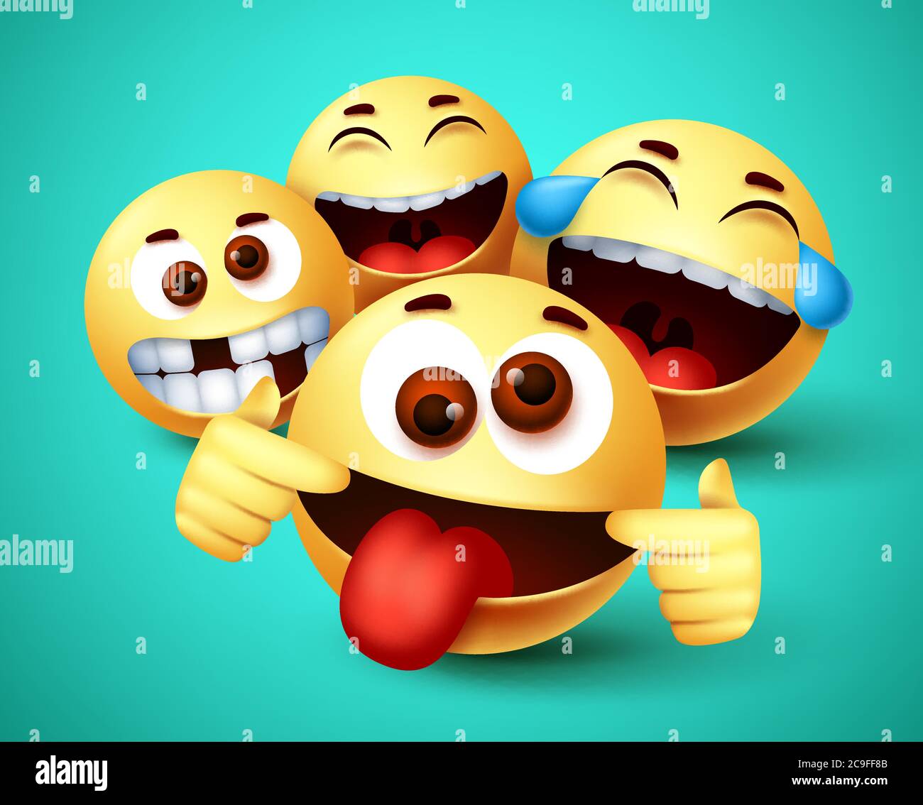 Emoji Smiley lustige Freunde nehmen Selfie-Vektor-Zeichen. Smiley Emoji ...