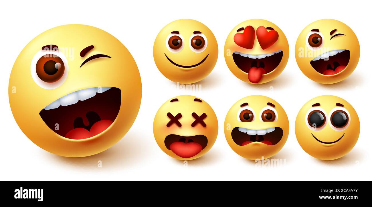 Smiley-Emoji-Vektorset. Smileys gelbes Gesicht niedlichen Emojis mit ...