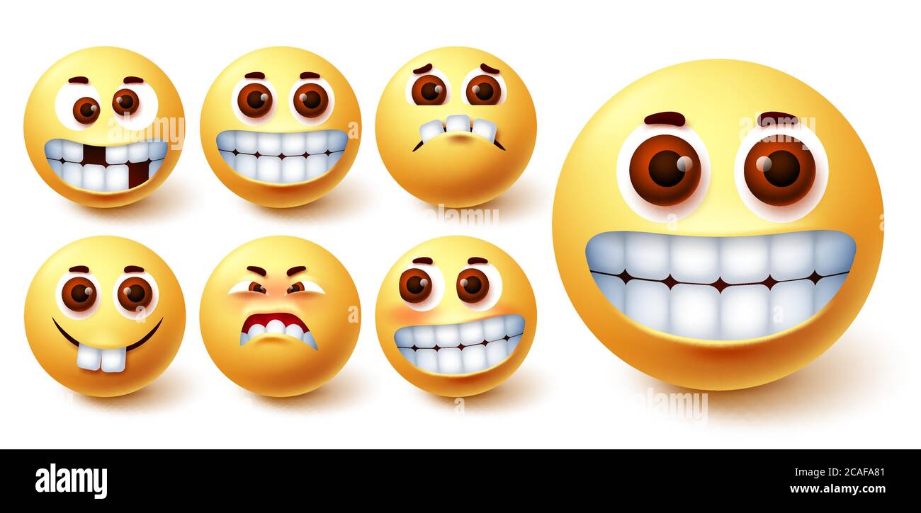 Emoji Smiley glücklich Vektor gesetzt. Emojis lustige Zähne Gesicht mit ...