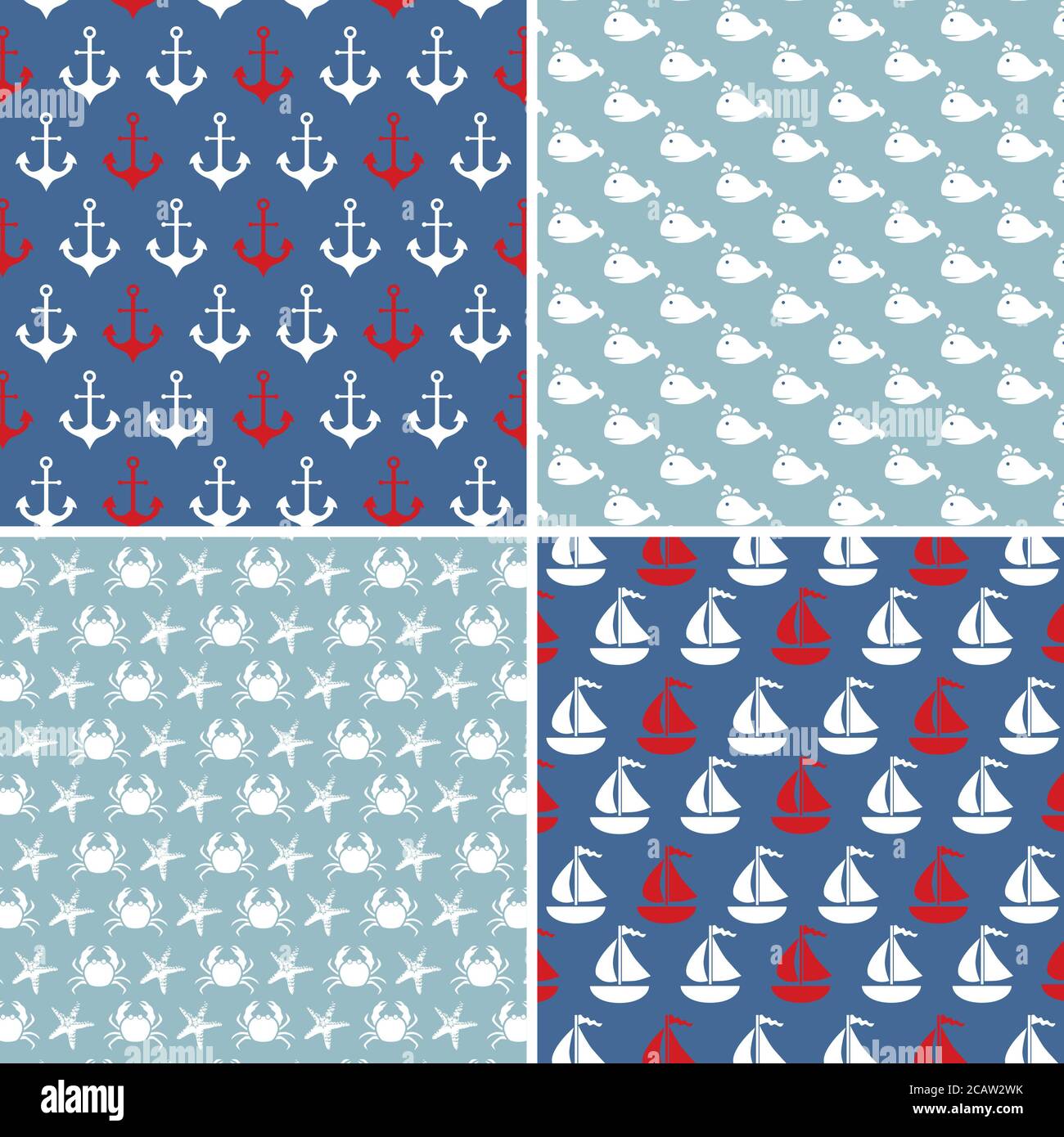 Abbildung von Ankern, Fischen, Seesternen, Krabben und Booten ...