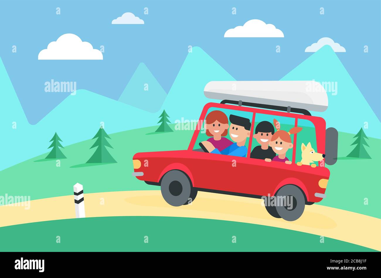 Flache Vektorgrafik für die automatische Fahrt. Glückliche Familie mit ...