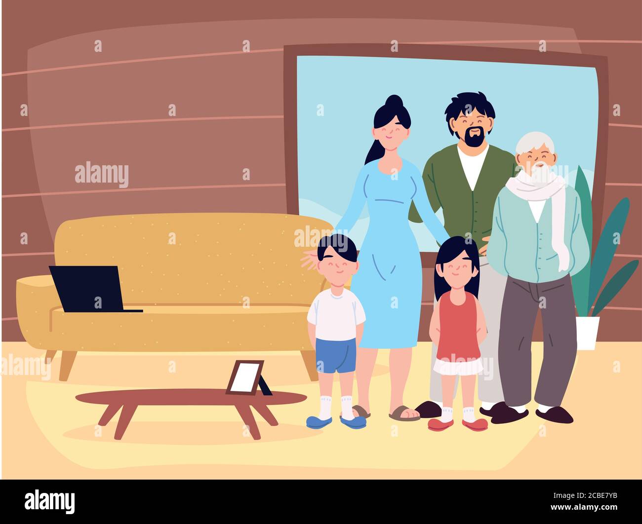 Mutter Vater Tochter und Sohn mit Großvater Cartoons in Home Room ...