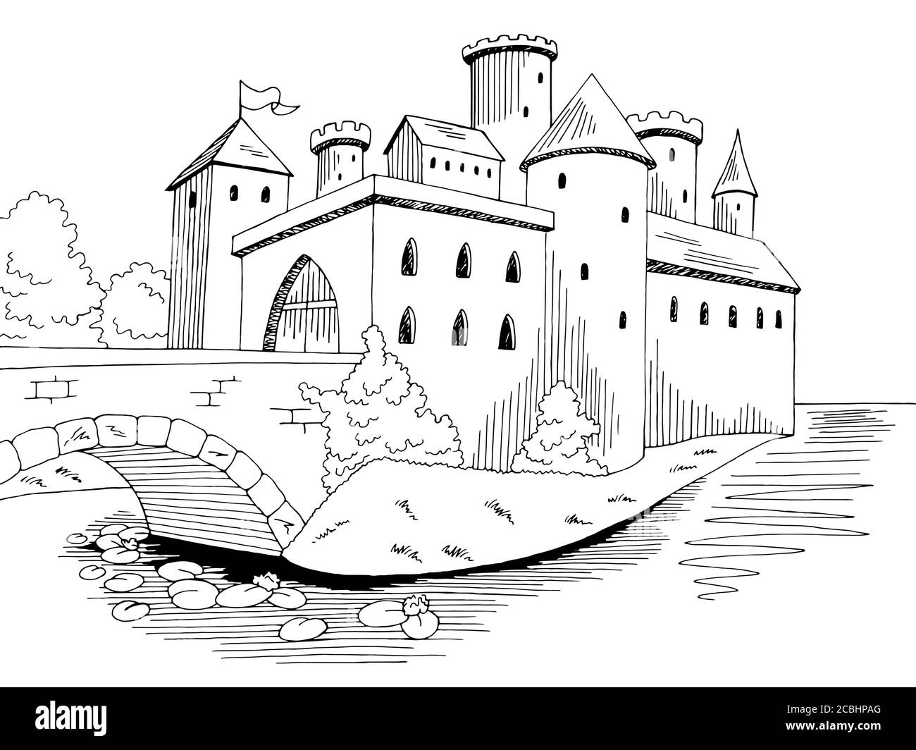 Burg See Grafik schwarz weiß Landschaft Skizze Illustration Vektor ...
