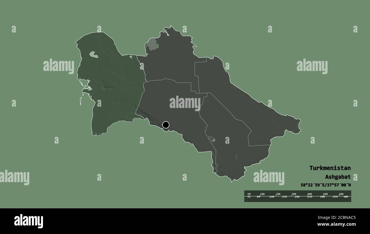 Entsättigte Form Turkmenistans mit seiner Hauptstadt, der wichtigsten ...