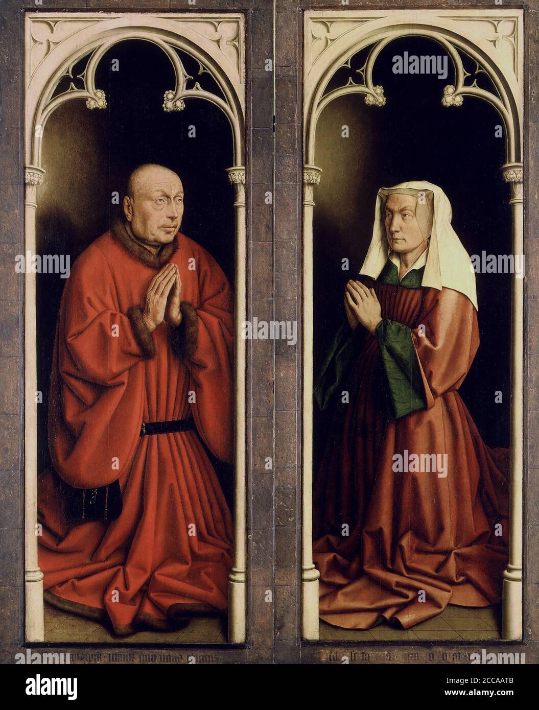 Das Genter Altarbild. Anbetung des mystischen Lammes: Joos Vijd und Elisabeth Borluut. Museum ...