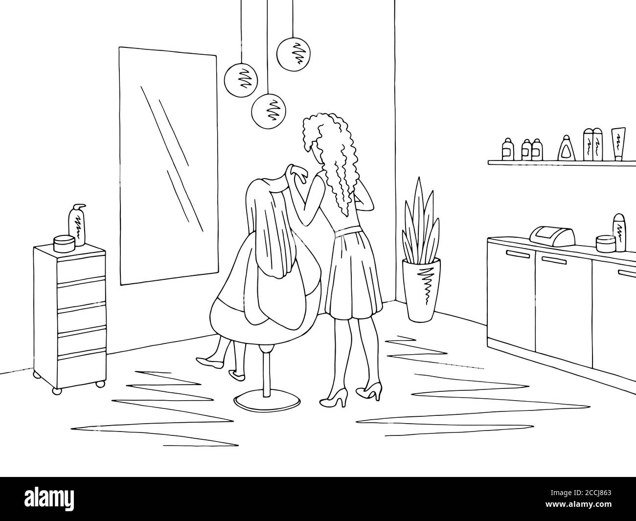 Friseursalon Grafik schwarz weiß Innenraum Skizze Illustration Vektor ...