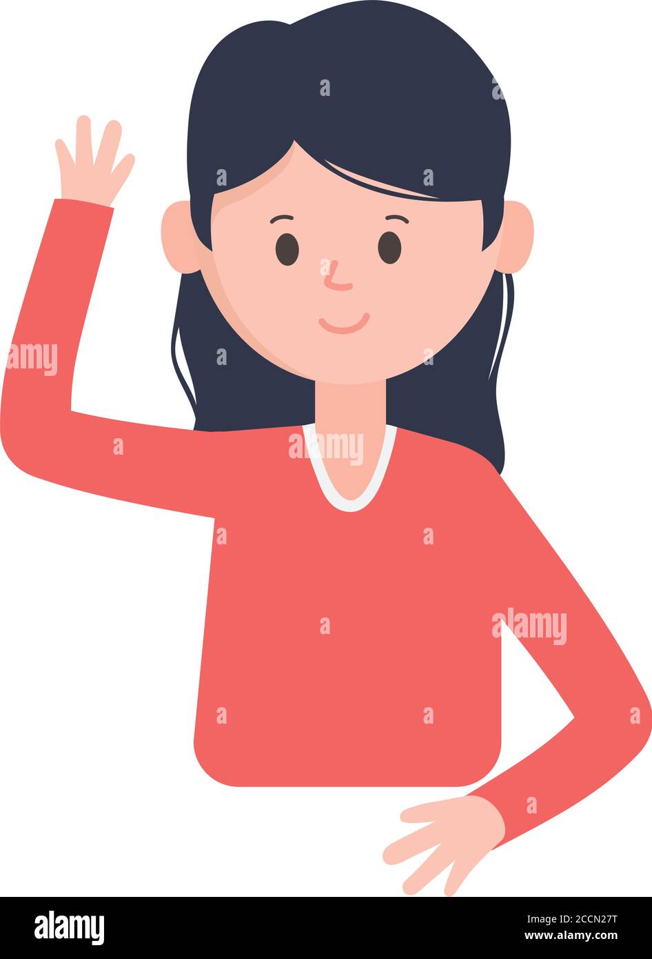 Portrait junge Frau Cartoon winkende Hand isoliert auf weißem ...