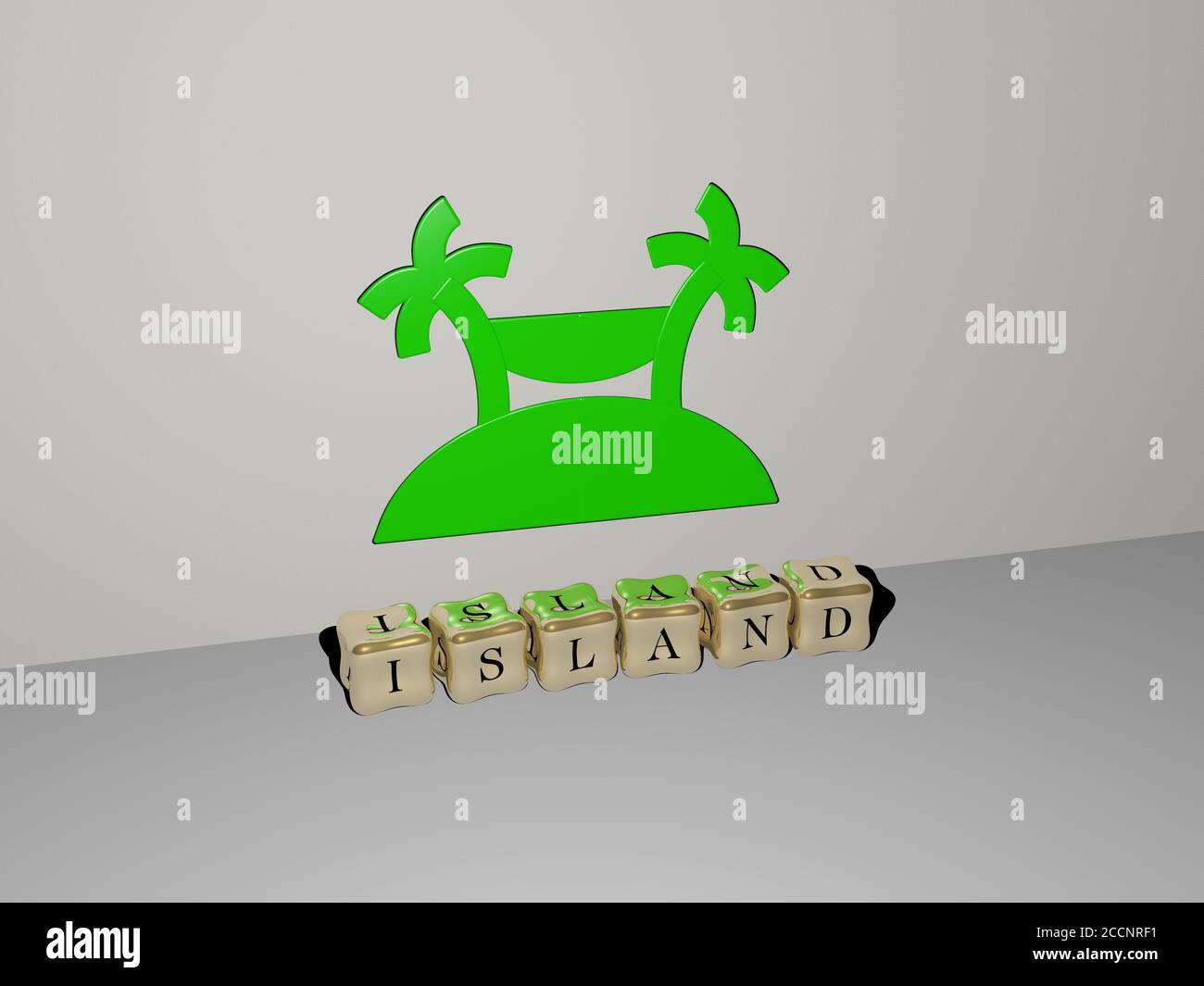 INSEL 3D-Symbol an der Wand und kubische Buchstaben auf dem Boden, 3D ...