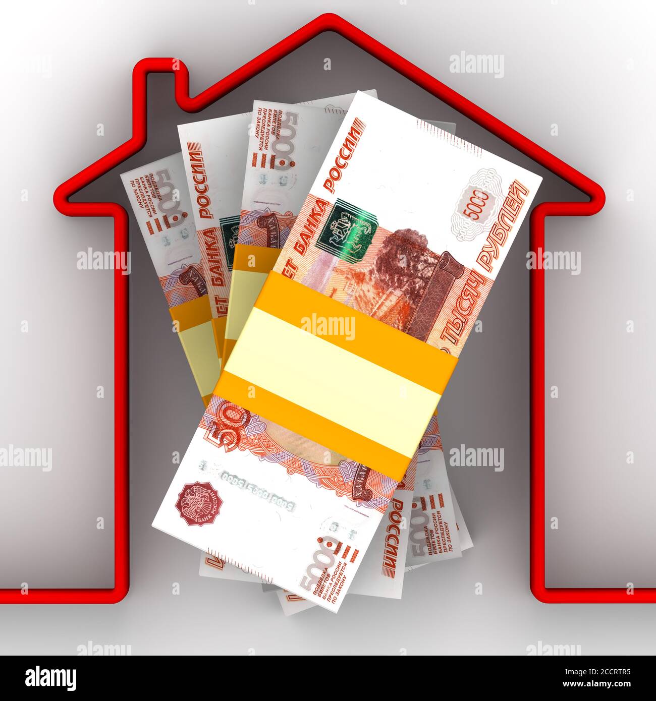 Geld für den Kauf von Immobilien. Stapel von Packungen von 5,000 ...