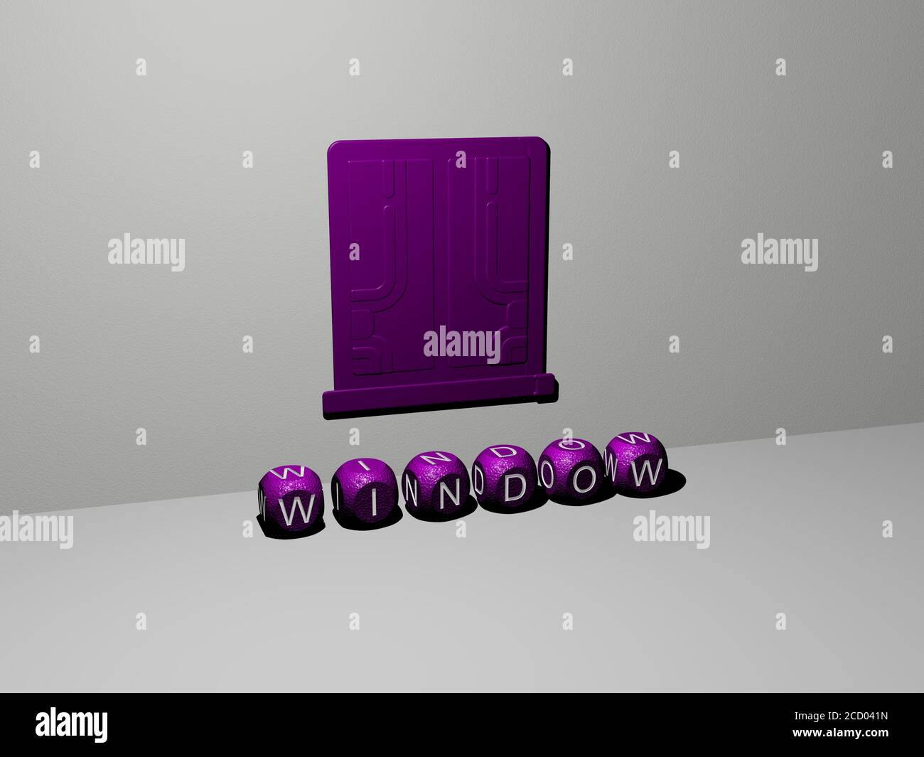 FENSTER 3D-Symbol an der Wand und Text von kubischen Alphabeten auf dem ...