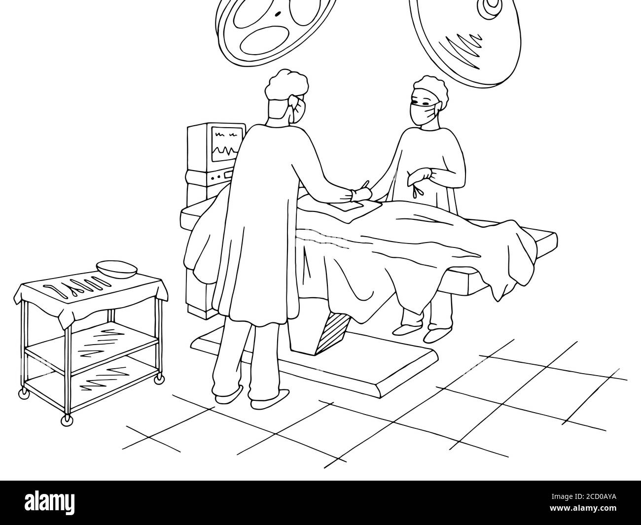 Operationssaal Grafik schwarz weiß Innenraum Skizze Illustration Vektor ...